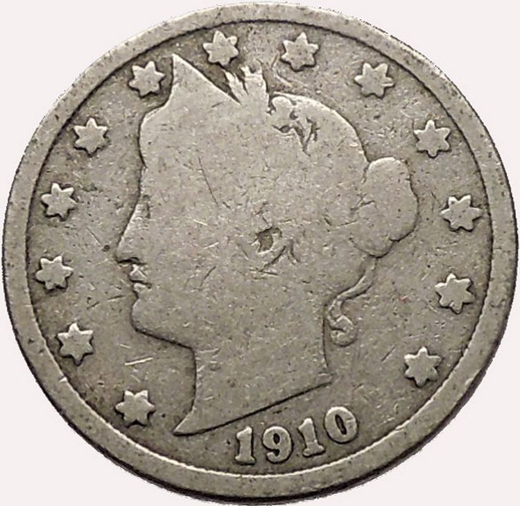 1910 LIBERTY HEAD NICKEL 5 Cent United States Of America USA Antique